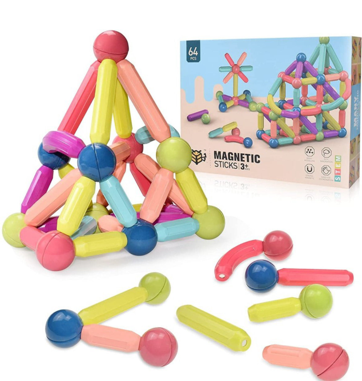 Magnetic Sticks Building Blocks for Kids (64 pieces) - roundel stock b ...
